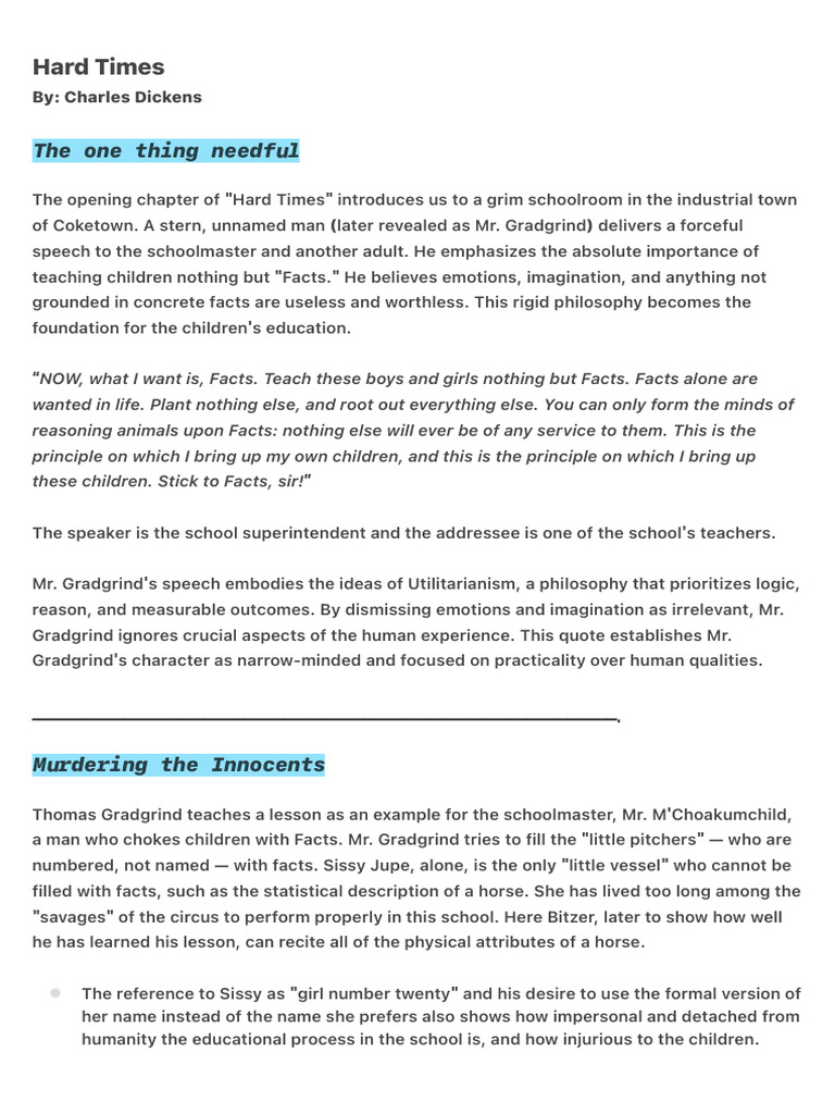 Hard Times - 1st 8 Chapters Analysis | PDF | Mystery, Thriller & Crime ...