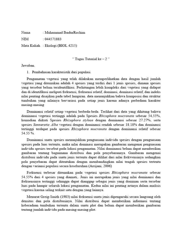 Jawaban Tugas Tutorial Ke 2 Ekologi | PDF