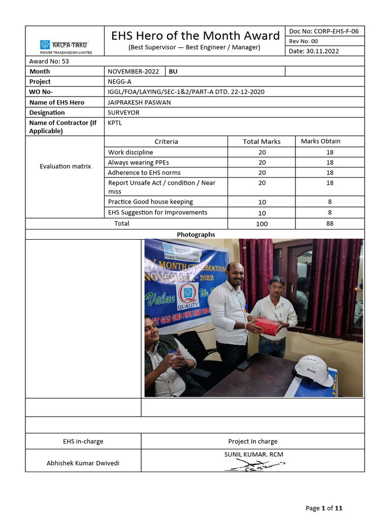 EHS Heroes of November 2022 Award | PDF