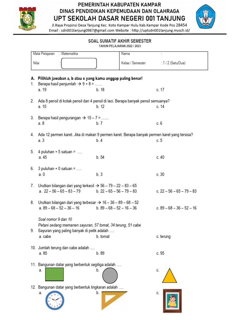 Soal PAS Matematika Kelas 1 Semester 2 - 2023 | PDF