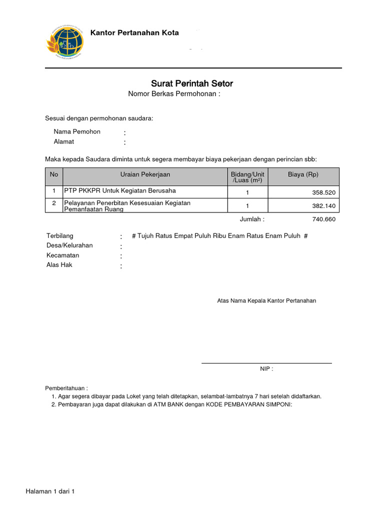 Surat Perintah Setor Biaya Pekerjaan | PDF