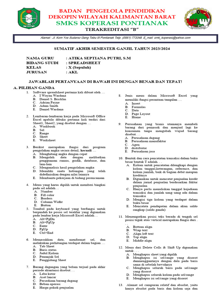 Soal Sas Genap 2023-2024 - Spreadsheet X | PDF