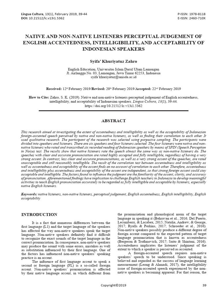 Native and Non-Native Listeners Perceptual Judgement of English Accentedness, Intelligibility ...