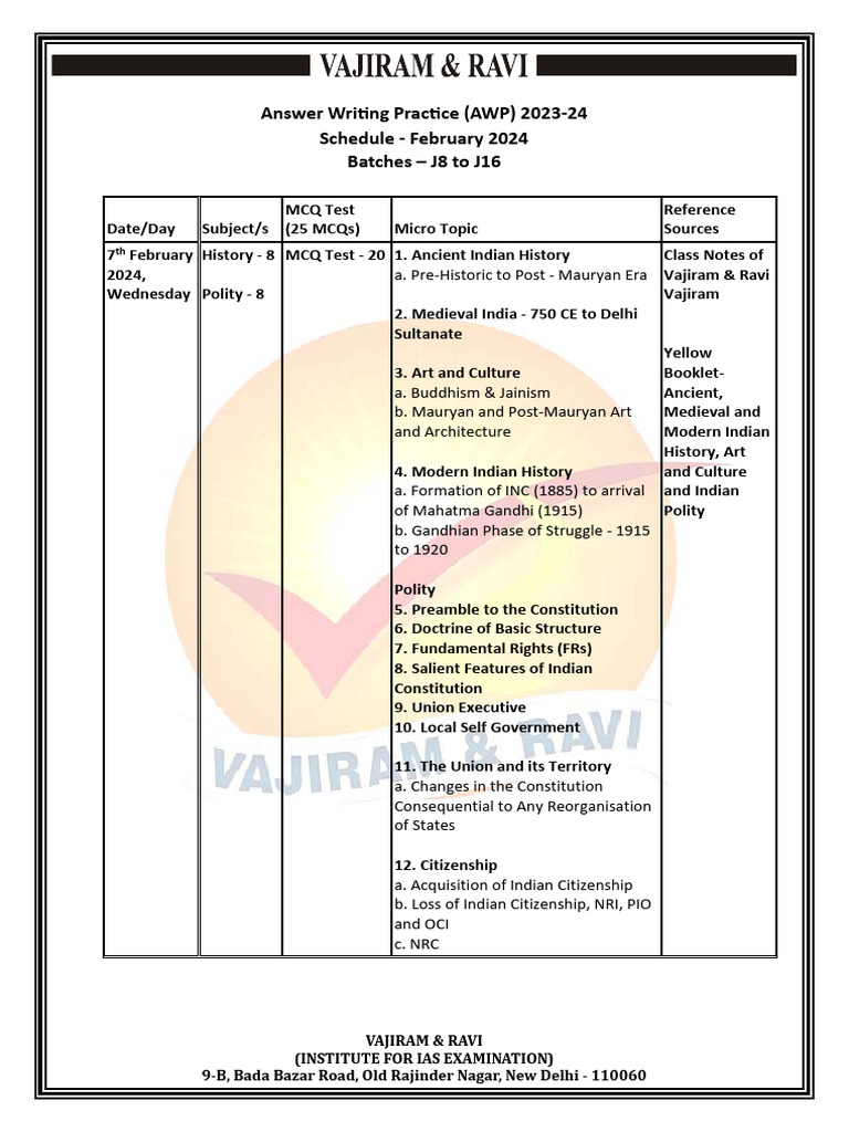 AWP 2024 Schedule - Group III - Batches J8 To J16 - 7th Feb | Download ...