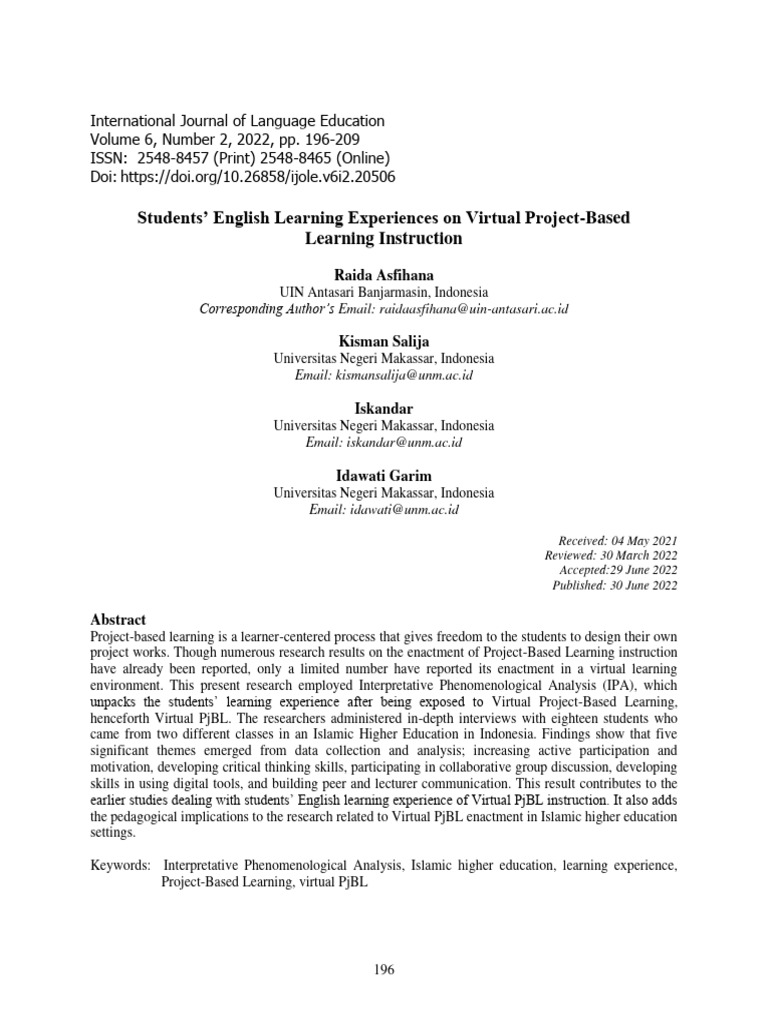 Students' English Learning Experiences On Virtual Project-Based Learning Instruction | PDF ...