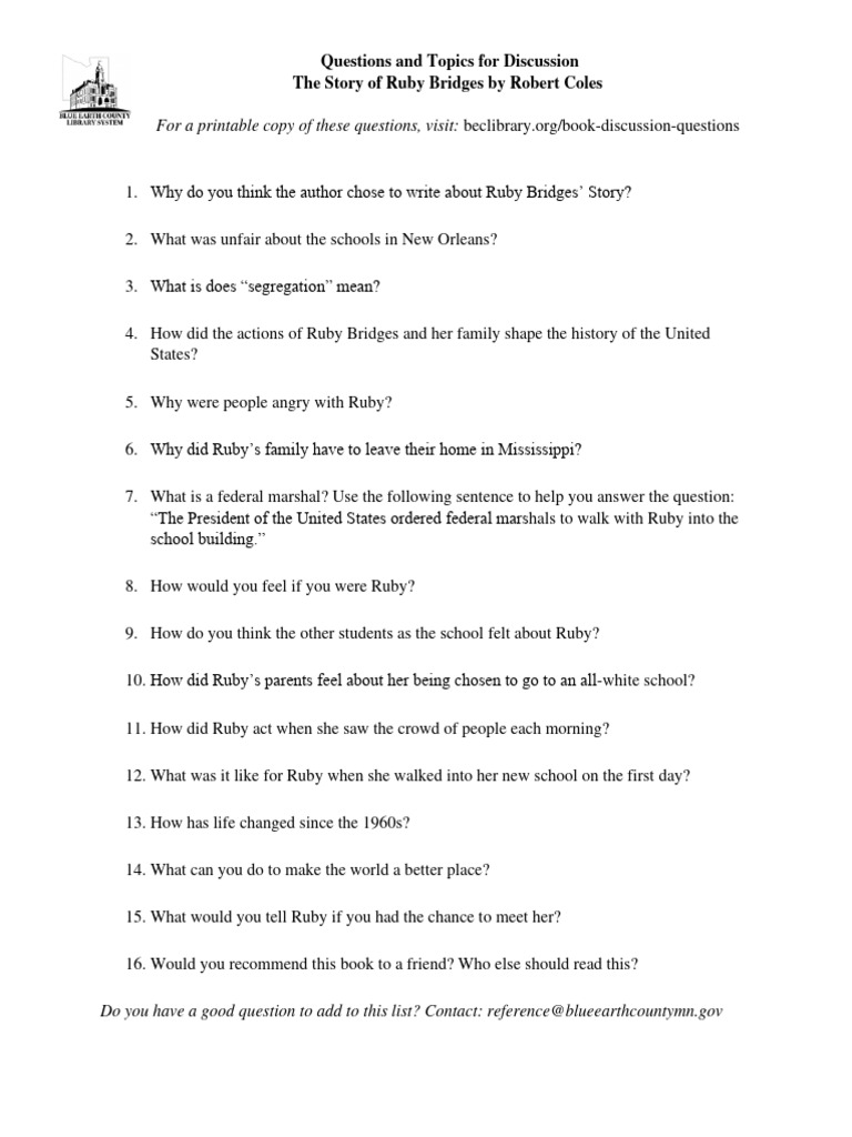 The Story of Ruby Bridges Discussion Questions | PDF