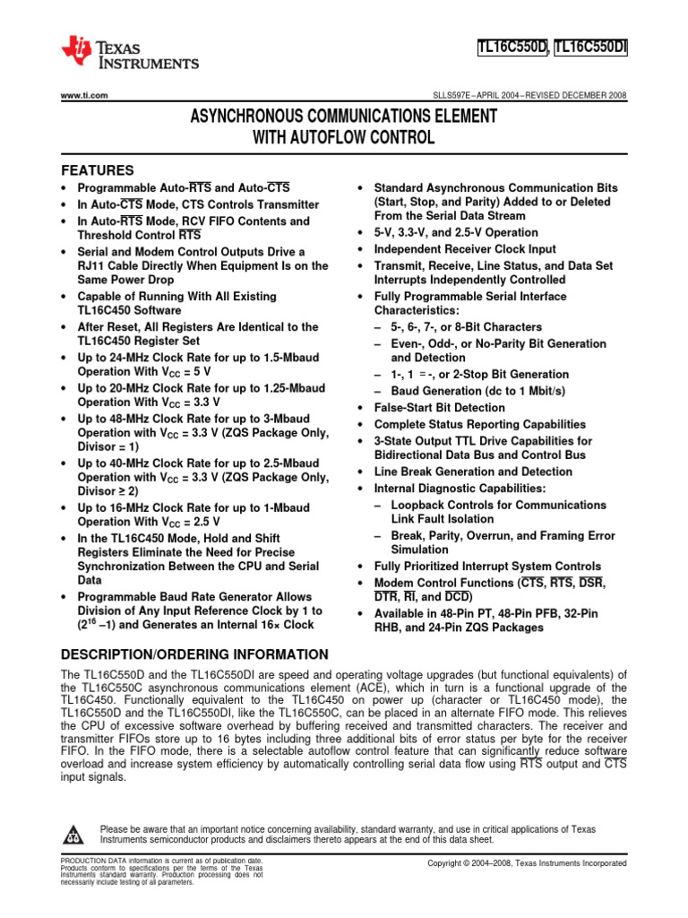 Asynchronous Communications Element With Autoflow Control: Features | PDF | Computer Engineering ...