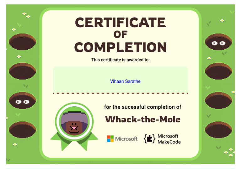 Whack-the-Mole Completion Certificate | PDF
