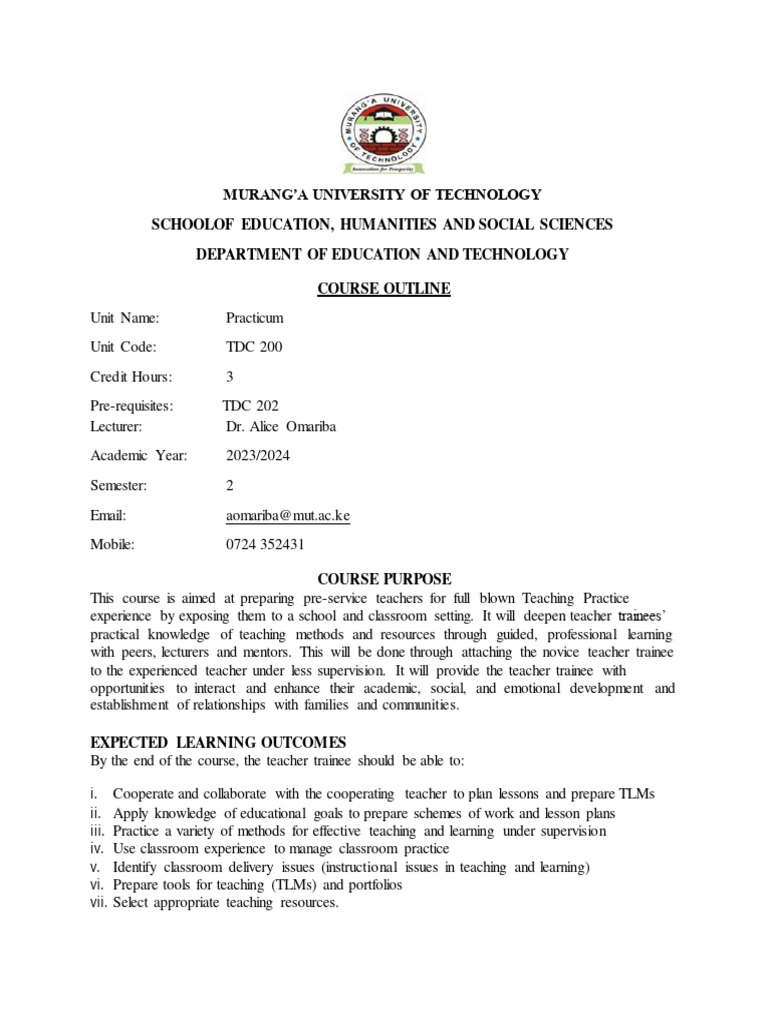 TDC 200 Practicum Course Outline Semester 2 2024 | PDF | Teachers ...
