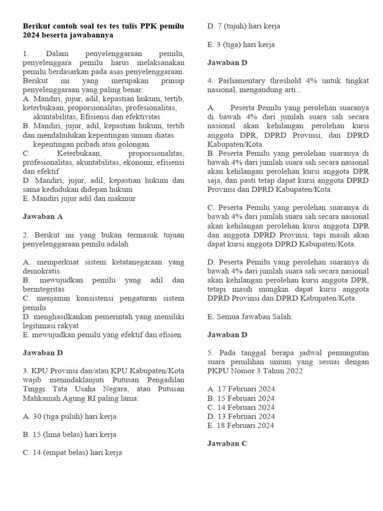 Soal Tes Testulis PPK Pemilu 2024 Beserta Jawabannya | PDF | Ilmu Sosial