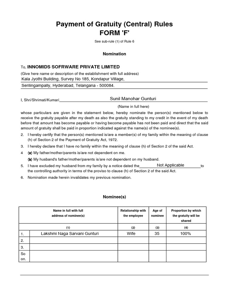 Form F Gratuity Nomination - Filled | PDF | Justice | Crime & Violence