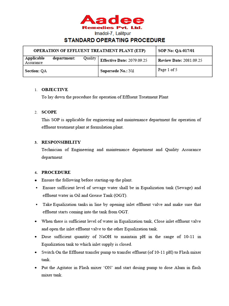 ETP Operation Sop | PDF | Sewage Treatment | Effluent