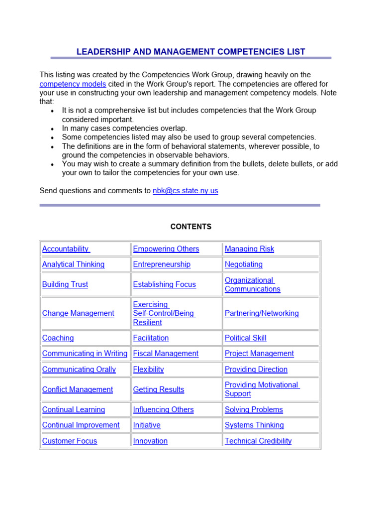 Leadership and Management Competencies List | PDF | Decision Making | Goal