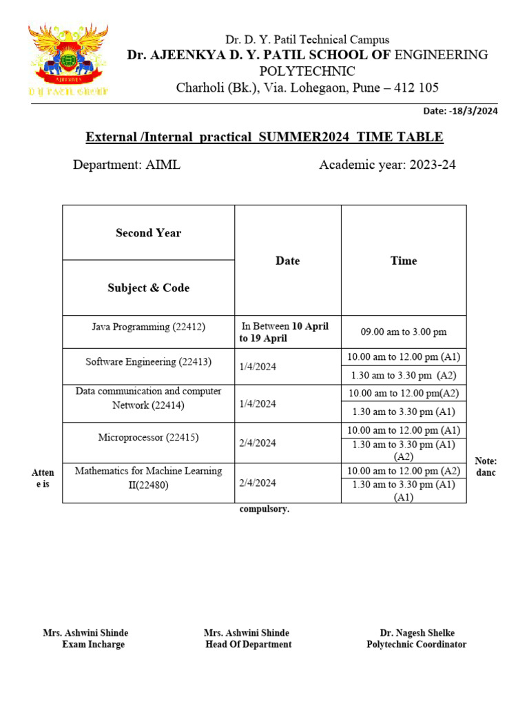Summer 2024 AIML Practical Timetable | PDF | Software Engineering | Computer Engineering