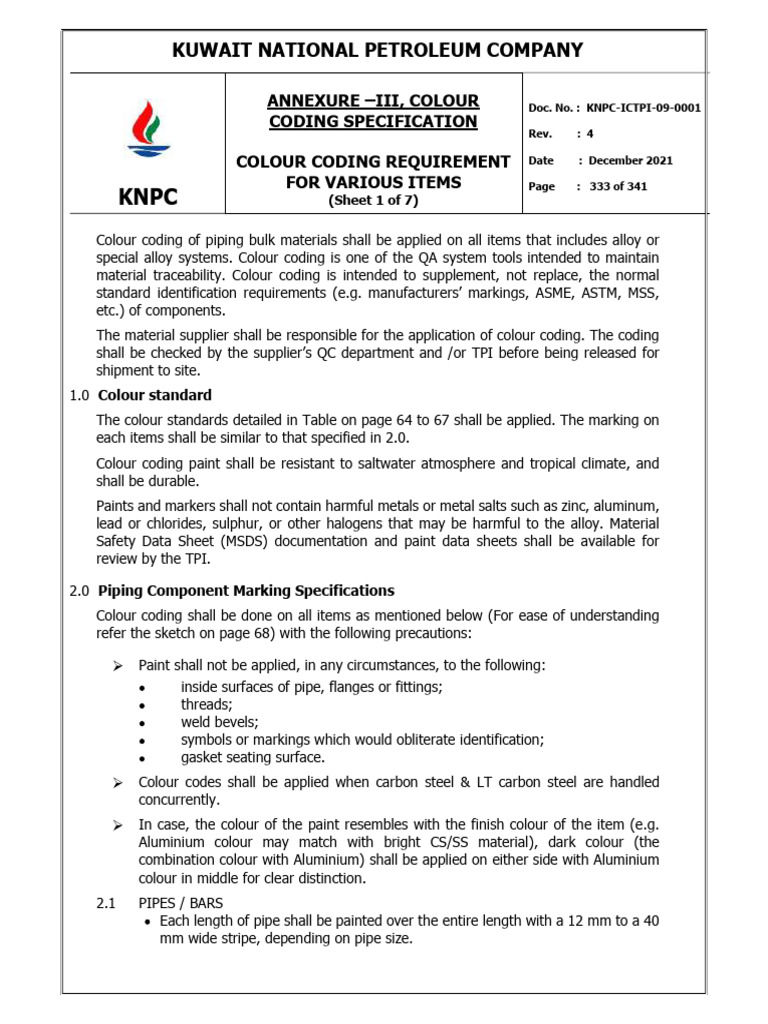 KNPC Colour Coding Specifications Guide | PDF | Pipe (Fluid Conveyance) | Valve