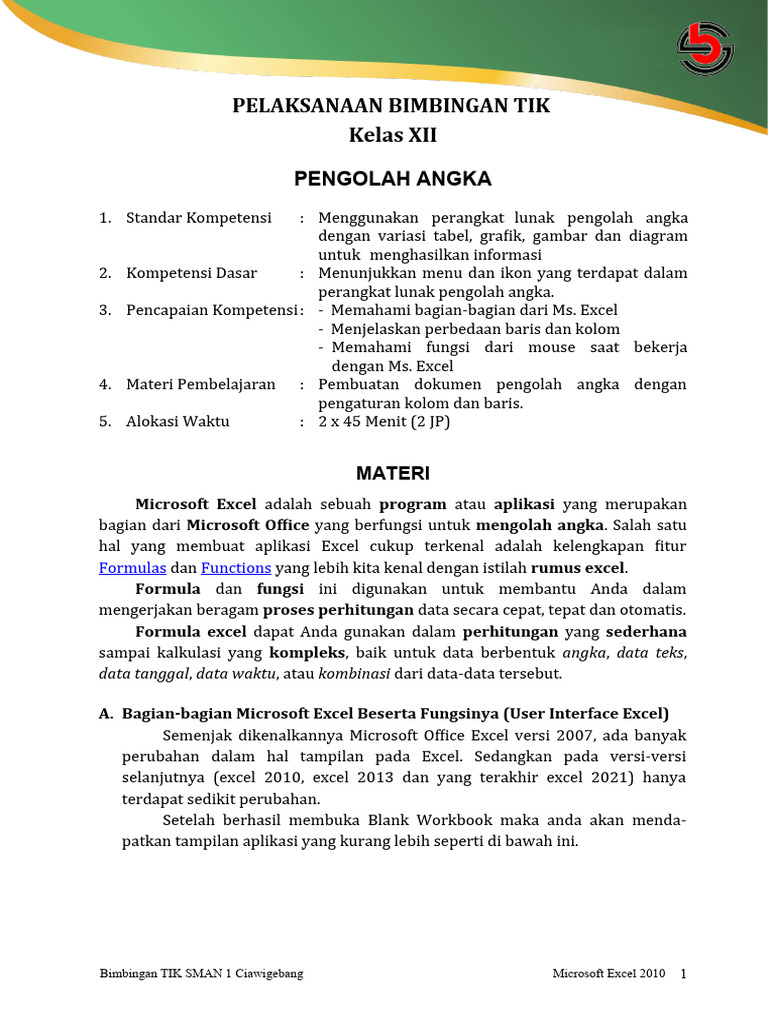 PELAKSANAAN BIMBINGAN TIK Excel 1 | PDF