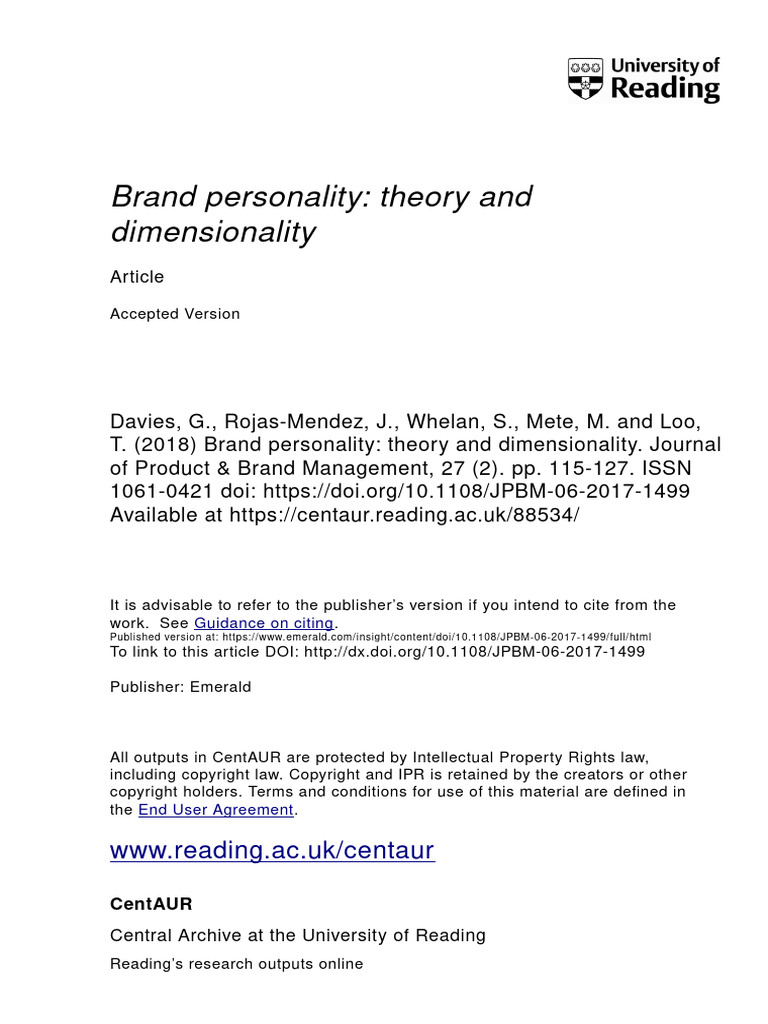 Brand Personality - JPBM - Prefinal | PDF | Brand | Theory