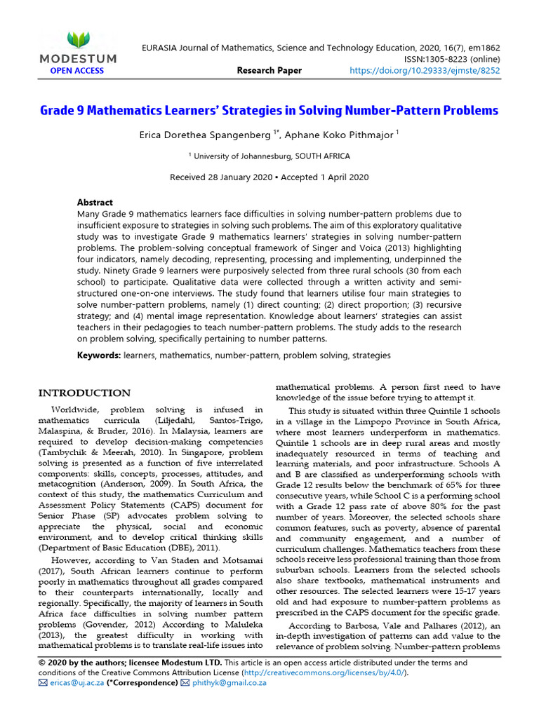 Grade 9 Mathematics Learners' Strategies in Solving Number-Pattern ...