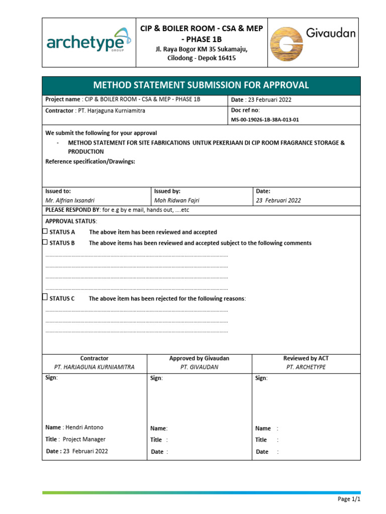 Method Statement for CIP Room Fabrication | PDF