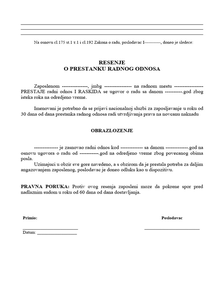 Resenje o Prestanku Radnog Odnosa2 | PDF