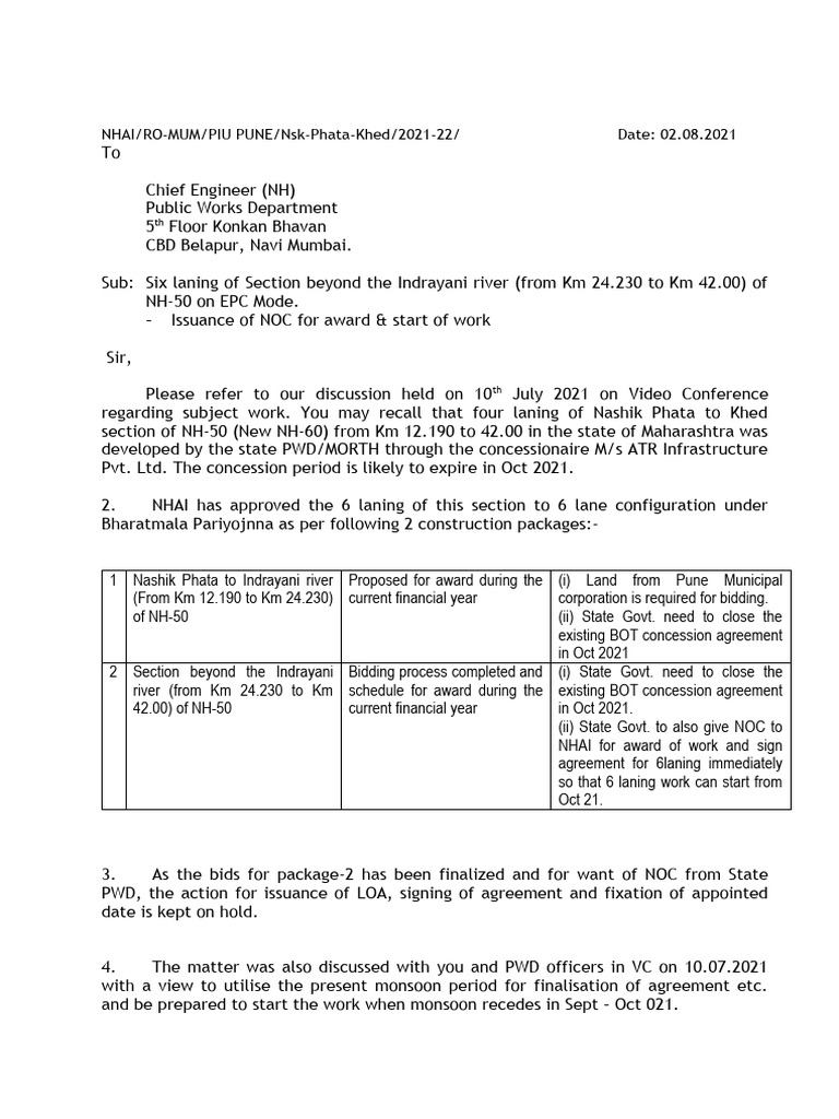 Nashik Phata Letter PDF Road Infrastructure