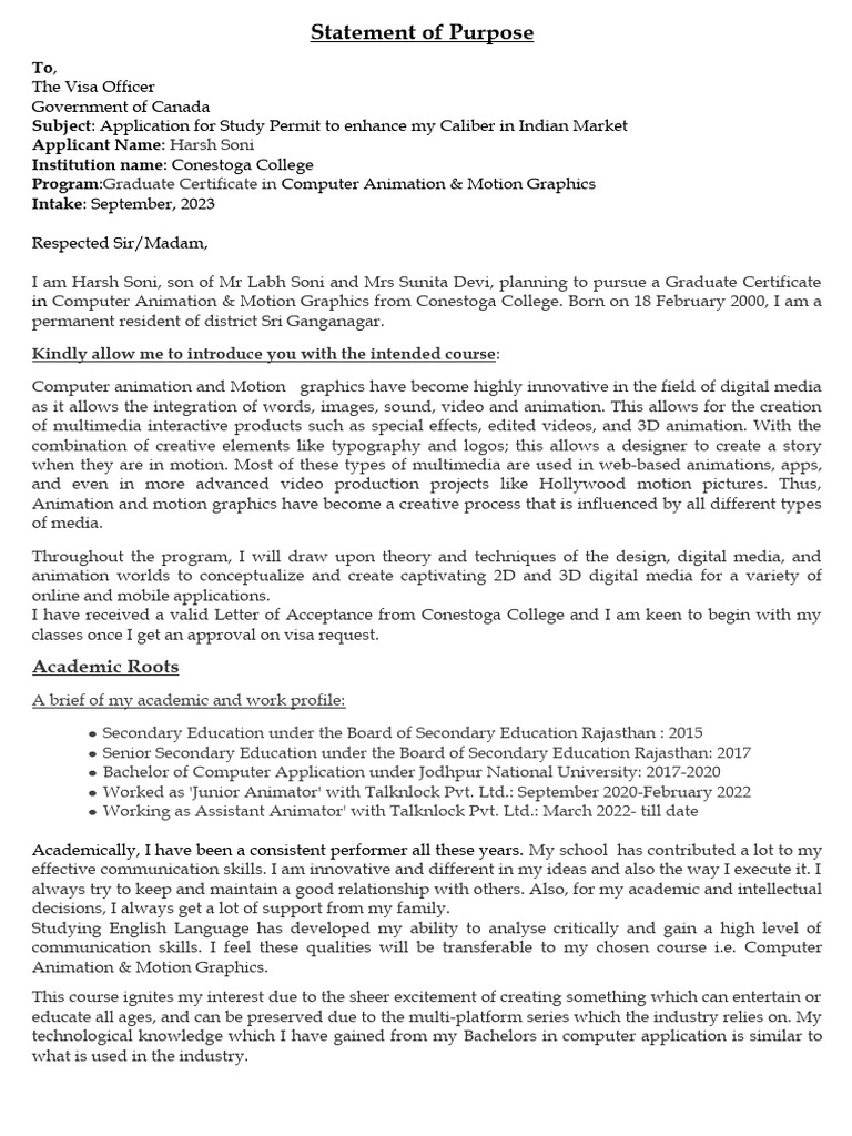 Harsh Soni Animation Sop | PDF | Cost Of Living | 3 D Computer Graphics