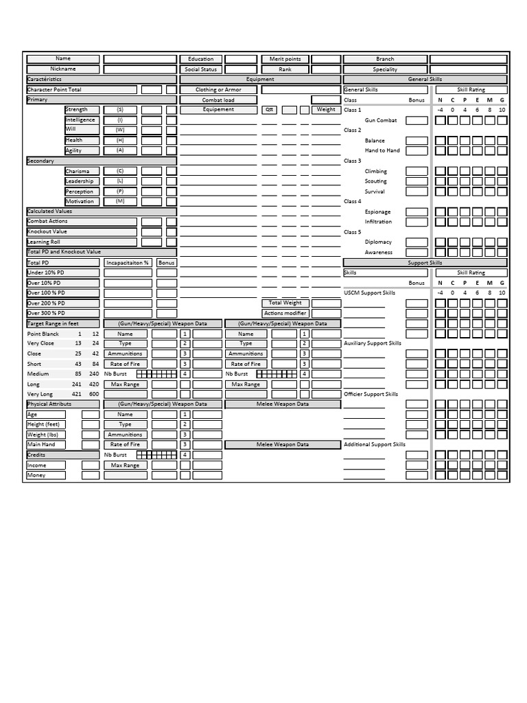Aliens RPG Fiche Perso Sans Calcul | PDF