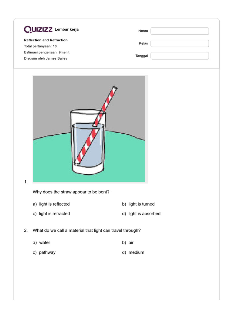 Reflection and Refraction Worksheet | PDF | Reflection (Physics ...