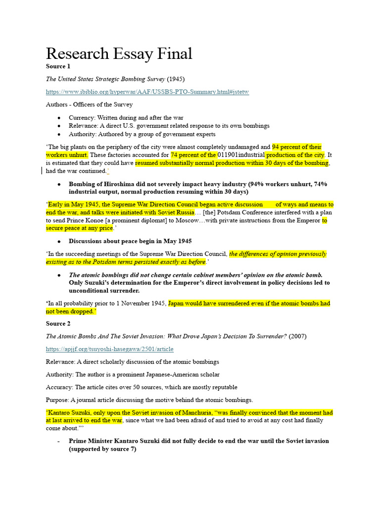 Research Essay Final | PDF | Atomic Bombings Of Hiroshima And Nagasaki ...
