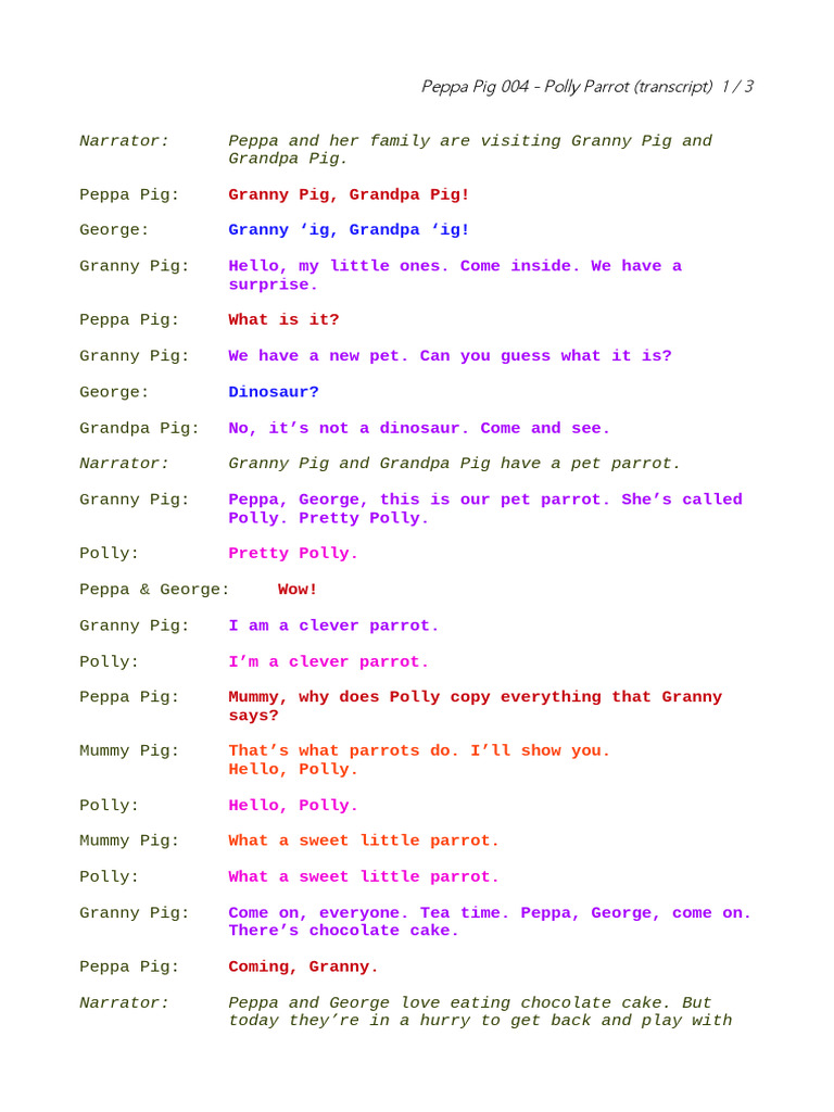 Peppa Pig 004 - Polly Parrot (Transcript) | PDF