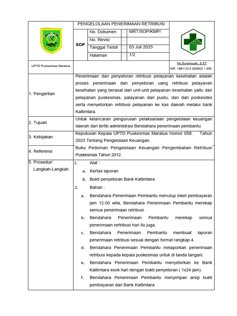 SOP Penerimaan Retribusi | PDF