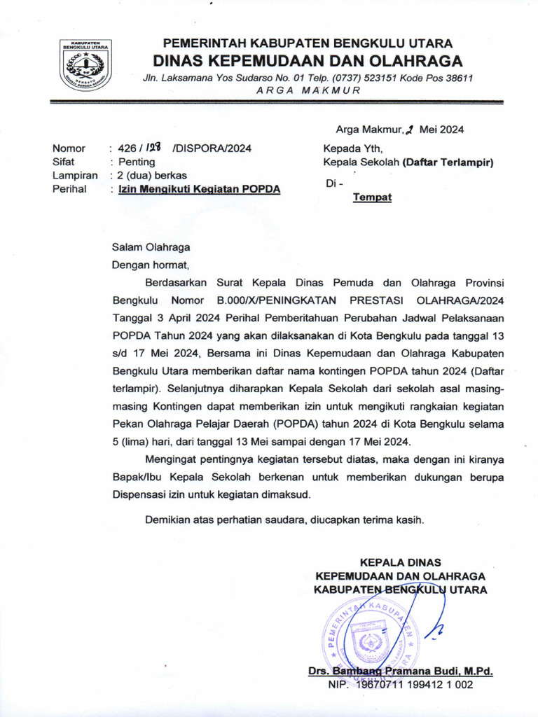 Surat Izin Kontingen Popda 1 | PDF Surat Izin Kontingen Popda 1 | PDF