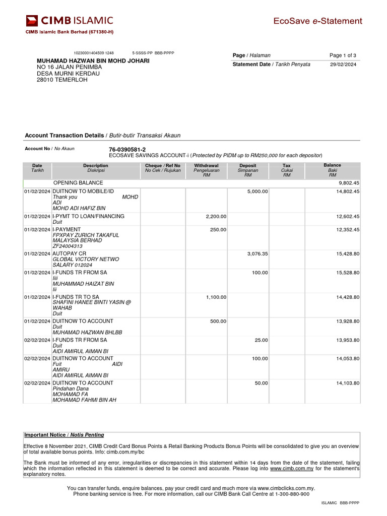 CIMB Account Statement Feb 2024 | PDF | Banks | Financial Economics