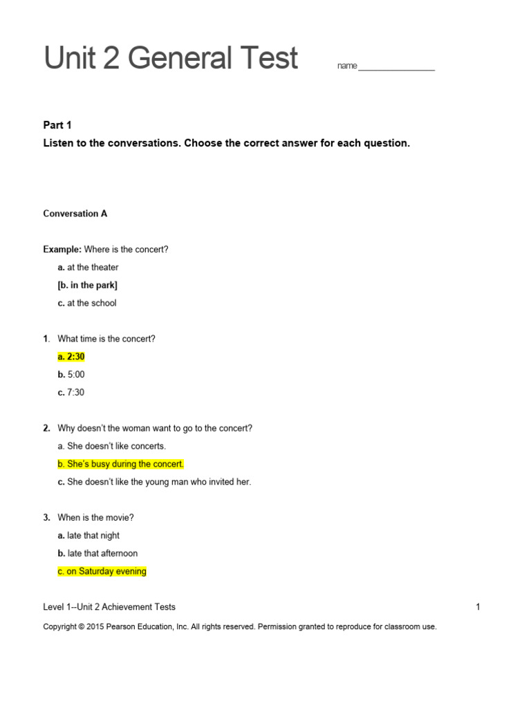 Top Notch 1 Unit 2 Assessment | PDF | All Rights Reserved