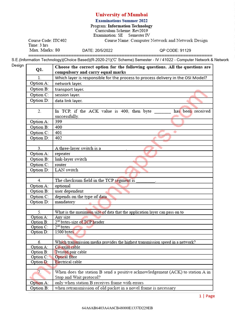 Be - Information Technology - Semester 4 - 2022 - May - Computer Network and Network Design Rev ...