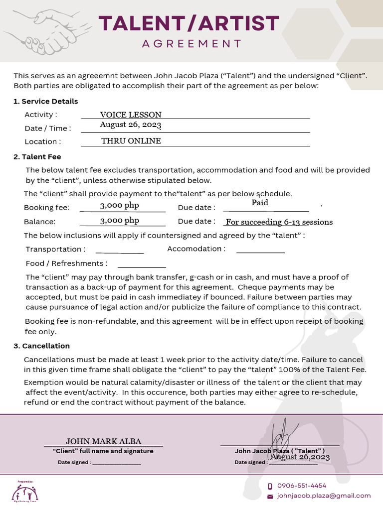 Jacob Talent Contract | PDF | Payments | Fee