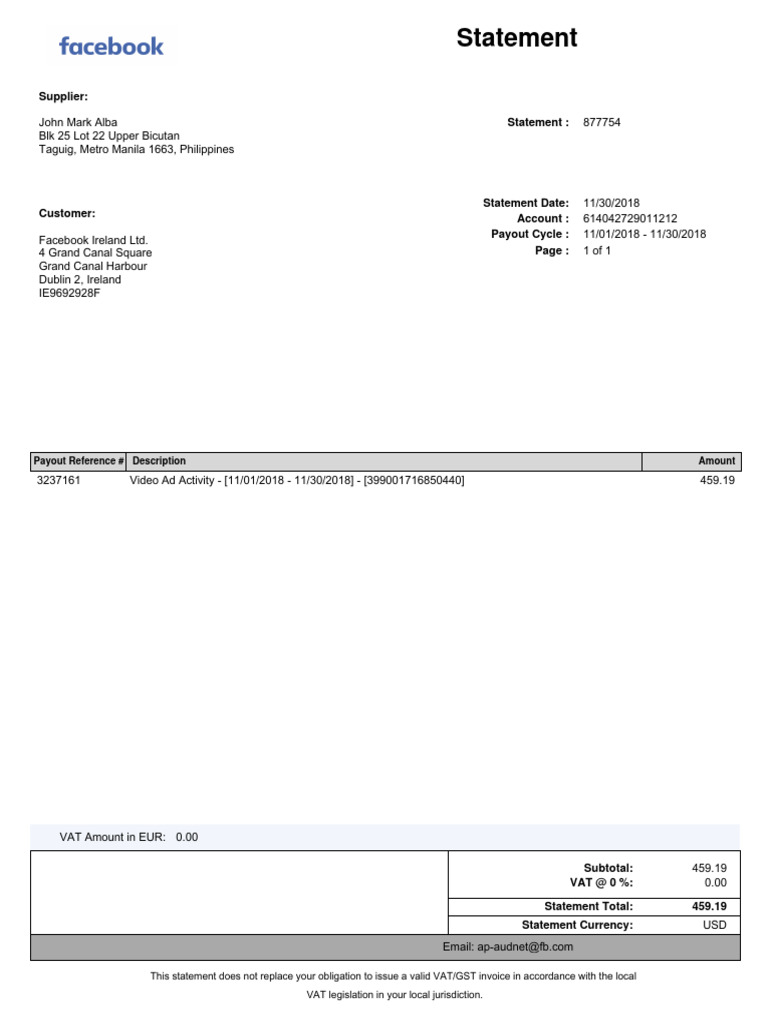 Facebook Invoice Statement Summary | PDF