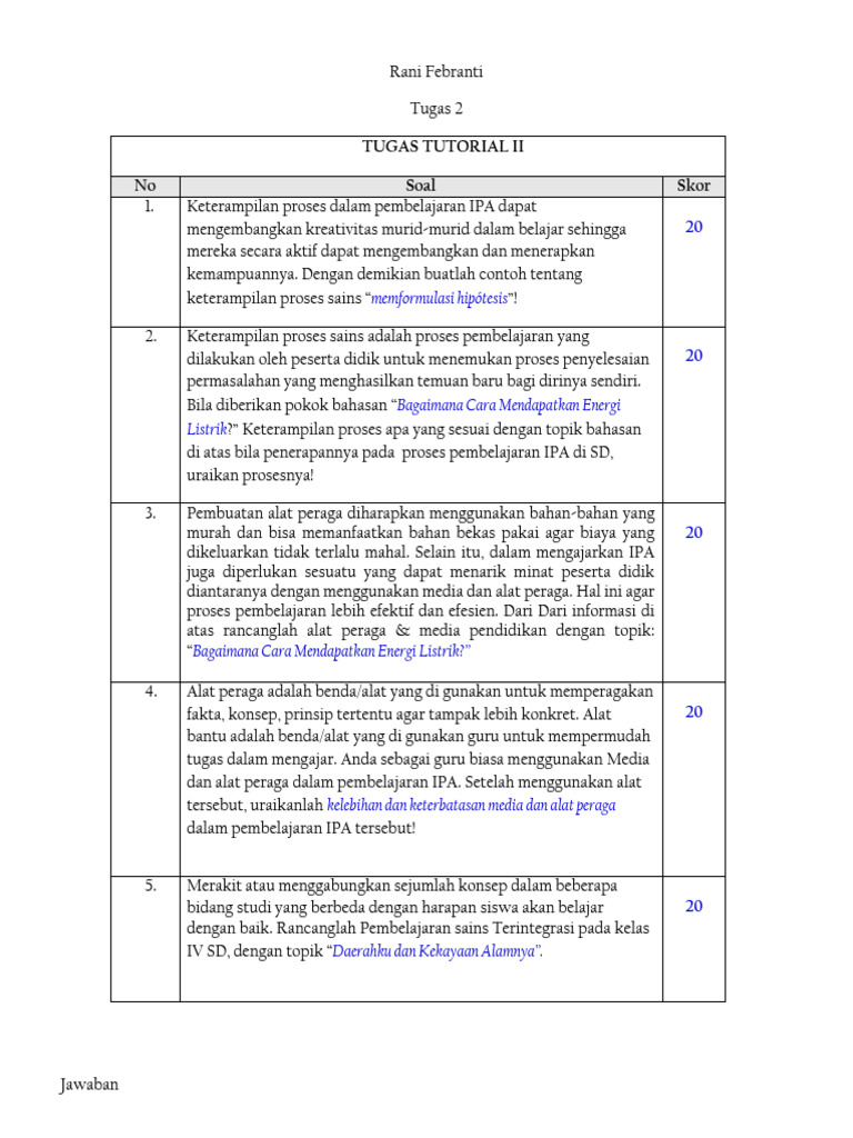 Tugas Tuton 2 Ipa Rani | PDF