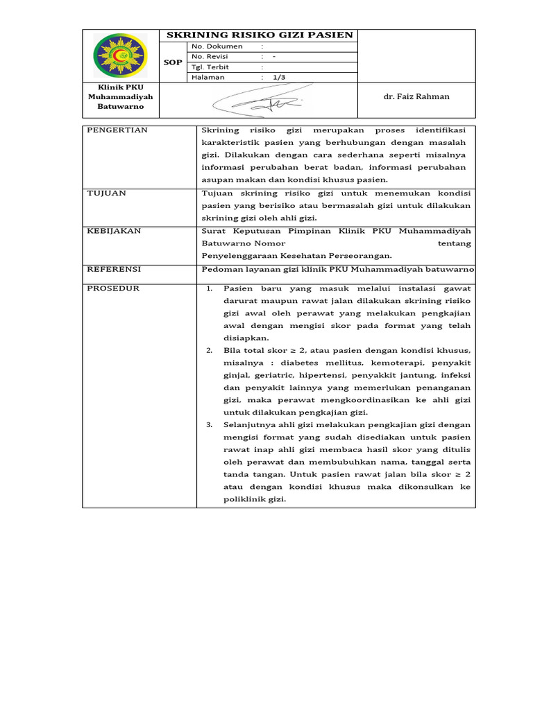 Sop Skrining Risiko Gizi Pasien | PDF