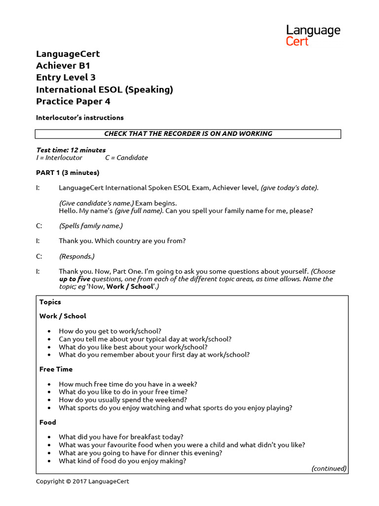 LanguageCert IESOL B1 Spoken Practice Paper 4 | PDF
