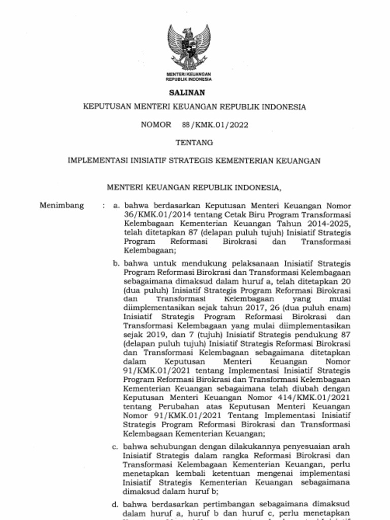 KMK 88 Tahun 2022-Inisiatif Strategis Kementerian Keuangan | PDF