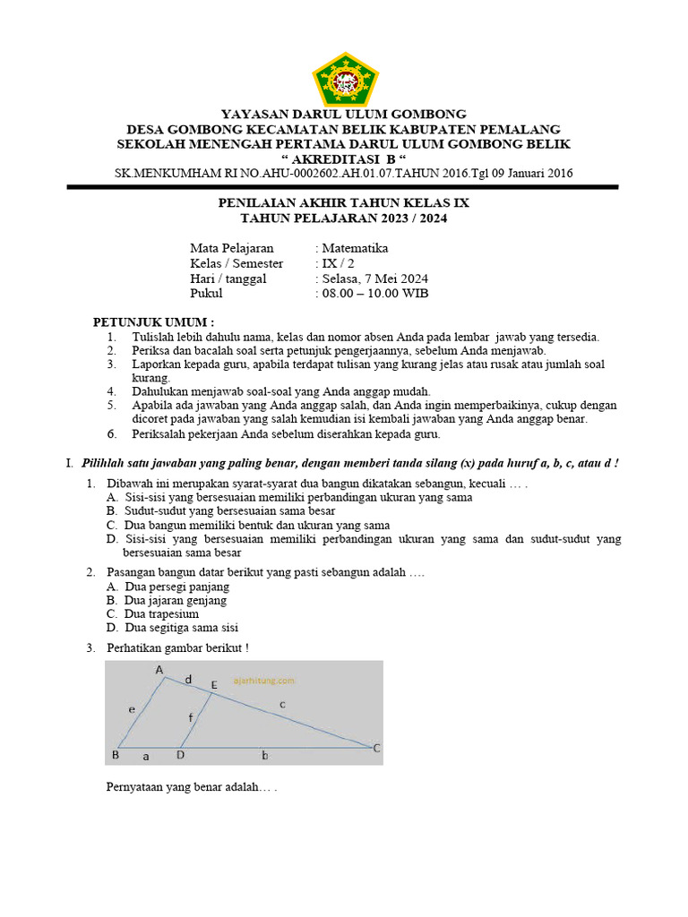 Soal Pat MTK KLS 9 Sem Ii 2024 | PDF