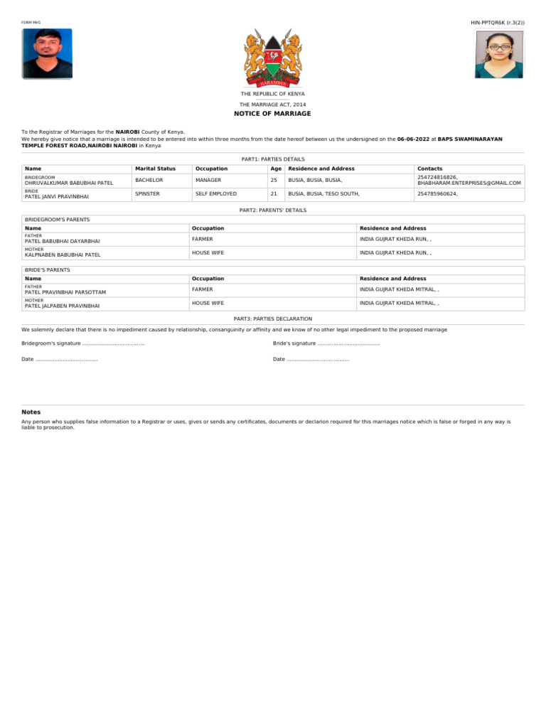 Kenya Marriage Notice Form MH1 | PDF | Marriage | Intimate Relationships