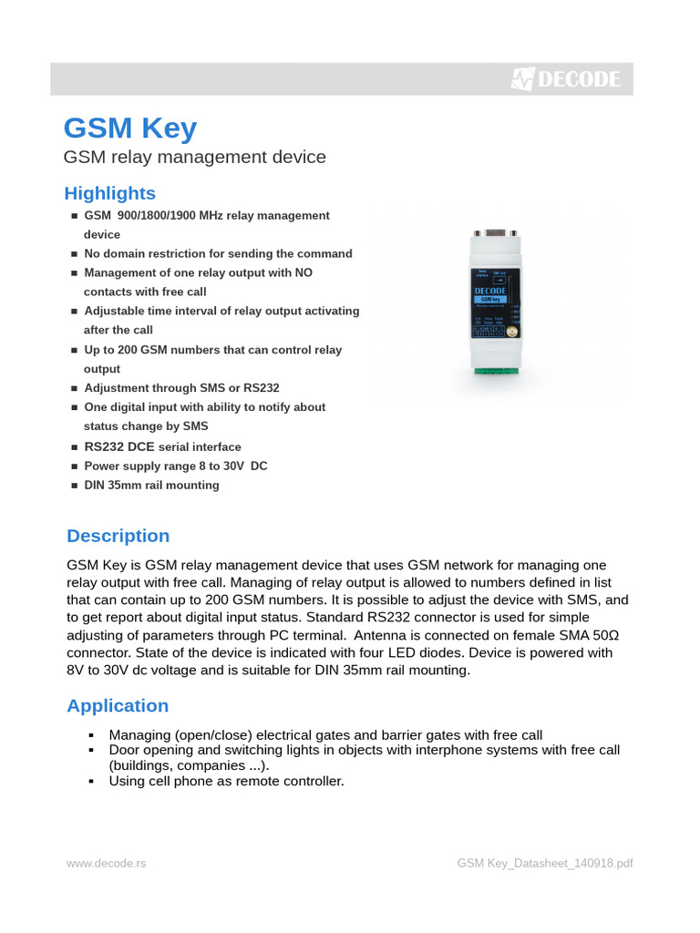 Gsm-Key Datasheet 140918 | PDF | Relay | Power Supply