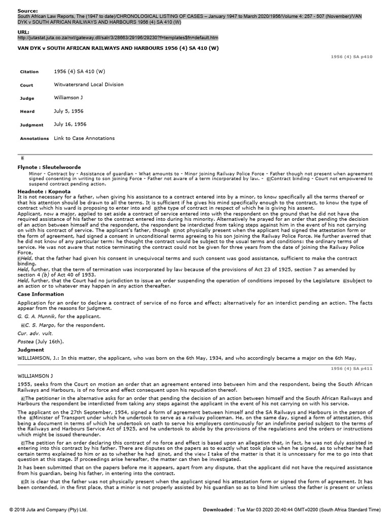 VAN DYK V SOUTH AFRICAN RAILWAYS AND HARBOURS 1956 (4) SA 410 (W) | Download Free PDF | Consent ...