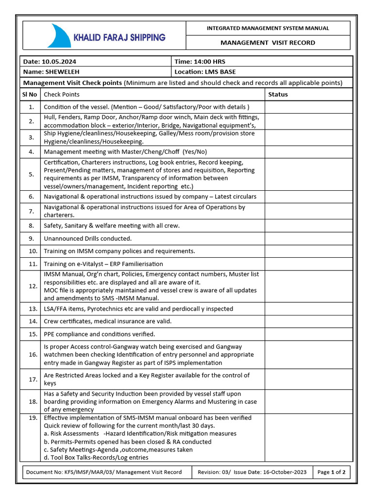 Management Visit Record for IMSM Compliance | PDF | Safety