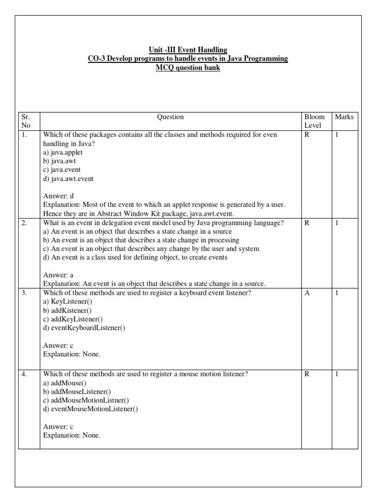 Event Handling MCQ | PDF | Class (Computer Programming) | Method (Computer Programming)