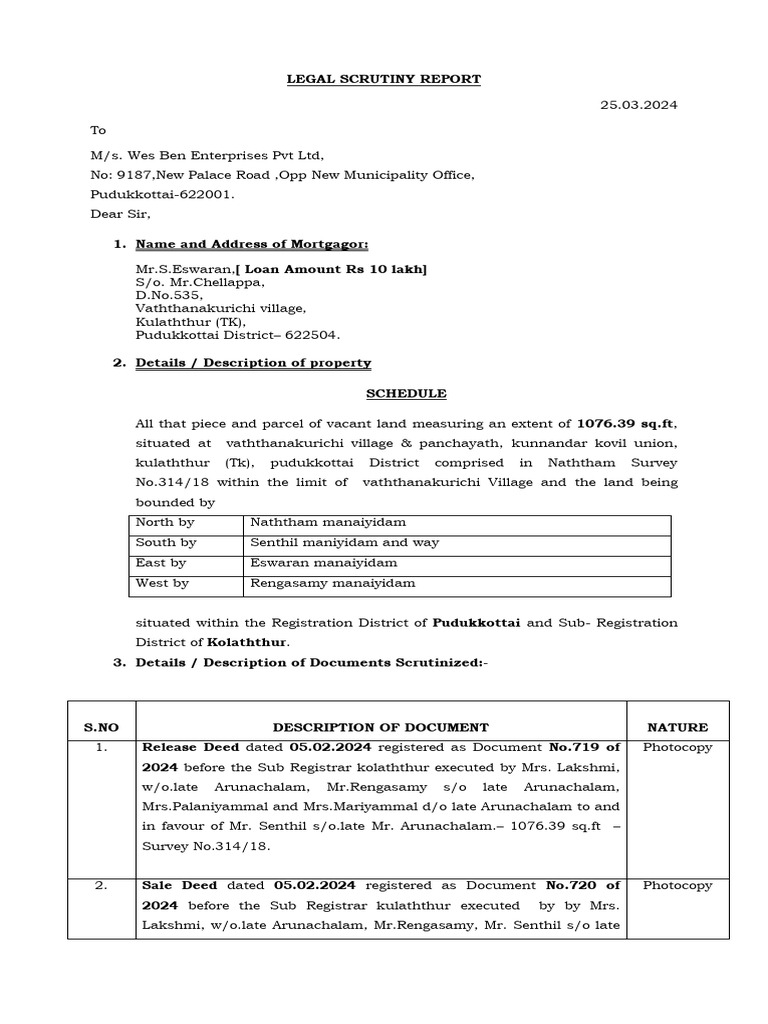 LEGAL SCRUTINY REPORt - Eswaran | PDF | Deed | Natural Resources Law