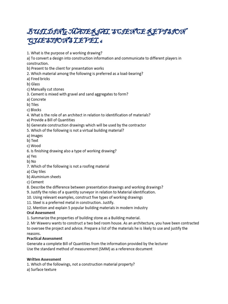 Building Material Science Revision Questions Level 6 | PDF | Concrete ...