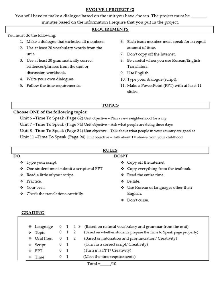 Evolve 1 Role-Play Project 2 Information Sheet 2024 | PDF | English ...